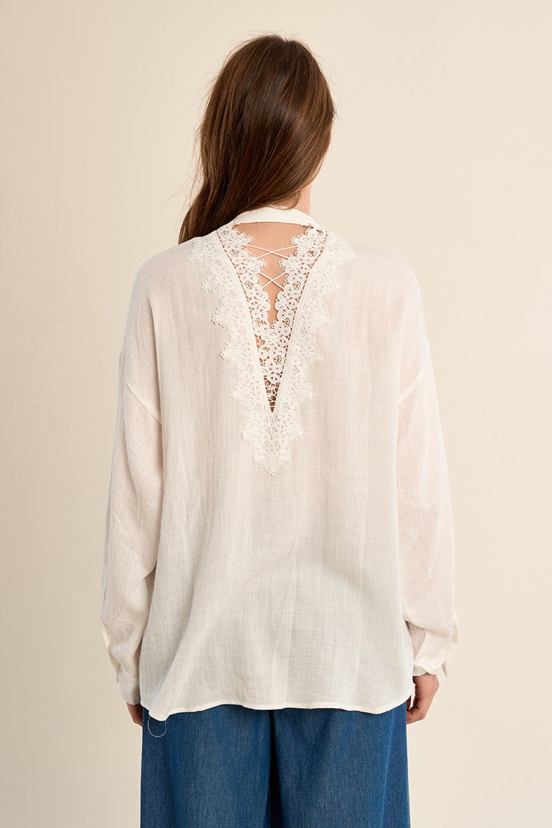 Molly Bracken Mandarin collar shirt, open at the back